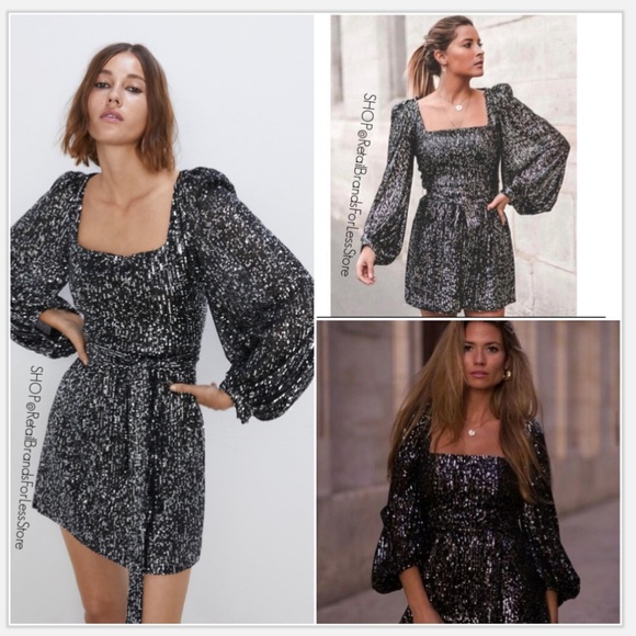 Zara | Dresses | Zara Sequin Ballon Sleeve Belted Dress | Poshmark